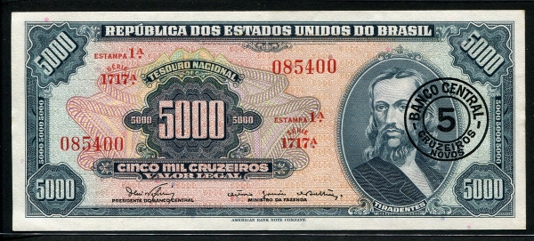 브라질 Brazil 1966-1967 5 Cruzeiros Novos on 5000 Cruzeiros, P188b, Series ...
